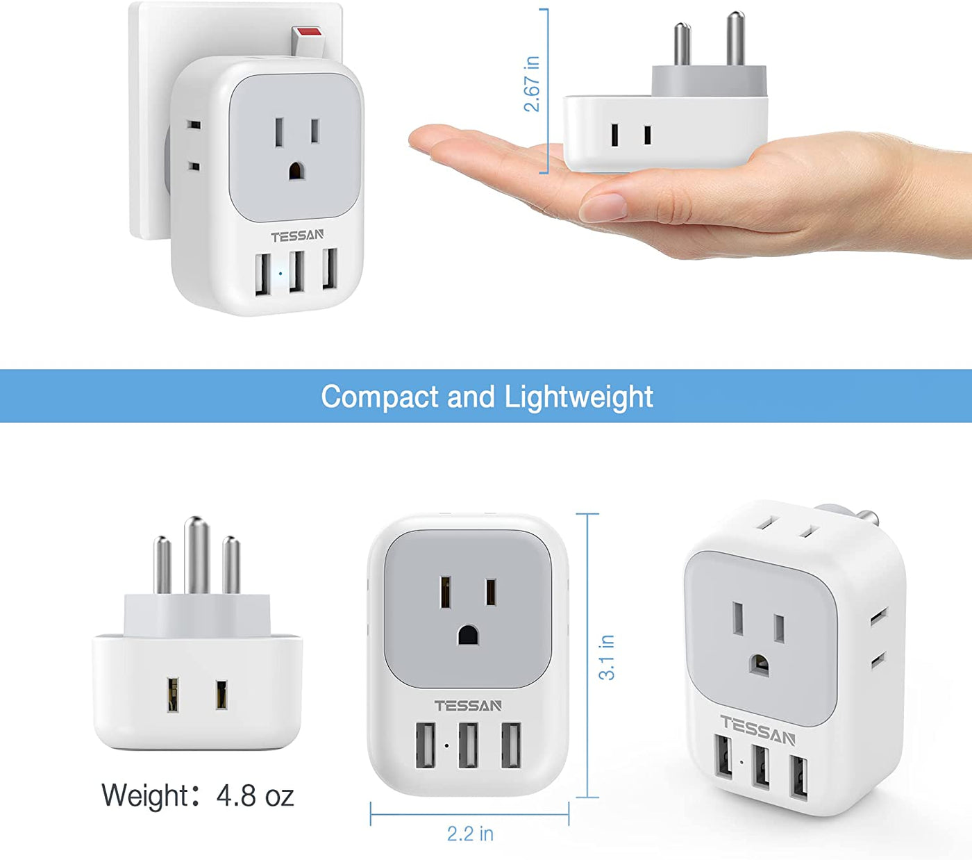 TESSAN US to India Plug Adapter with 4 AC Outlets 3 USB Charging Ports