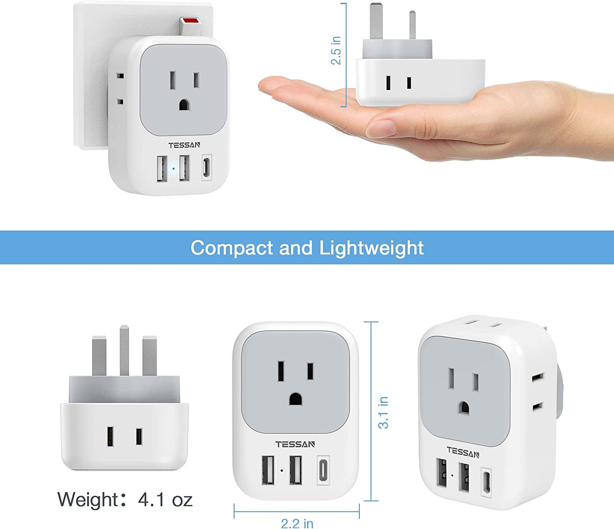 US to UK Plug Adapter 2 Pack, TESSAN Type G Adapter with 4 Outlets 3 U