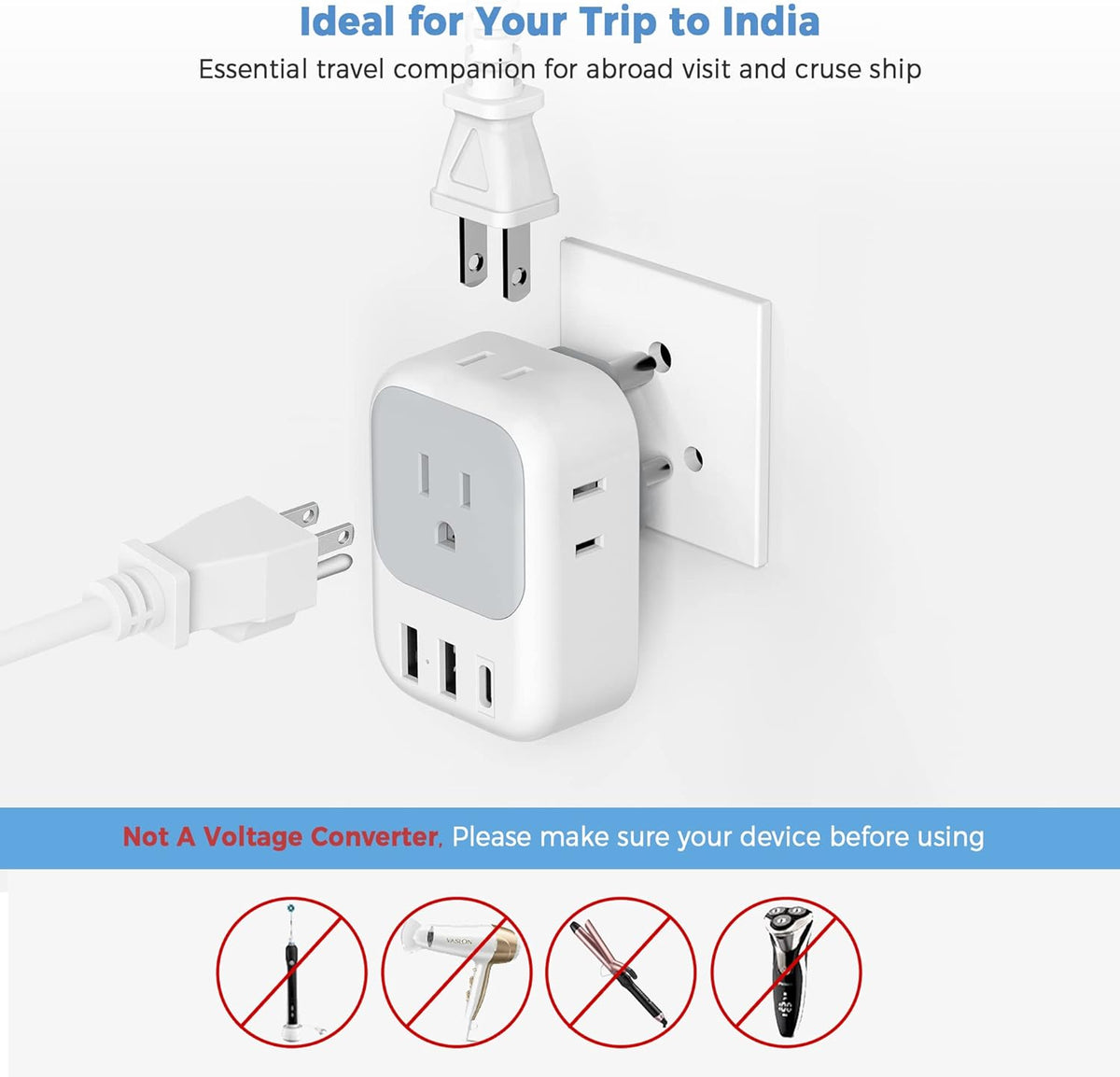 Tessan US to India Plug Adapter Type D with 4 AC & 3 USB