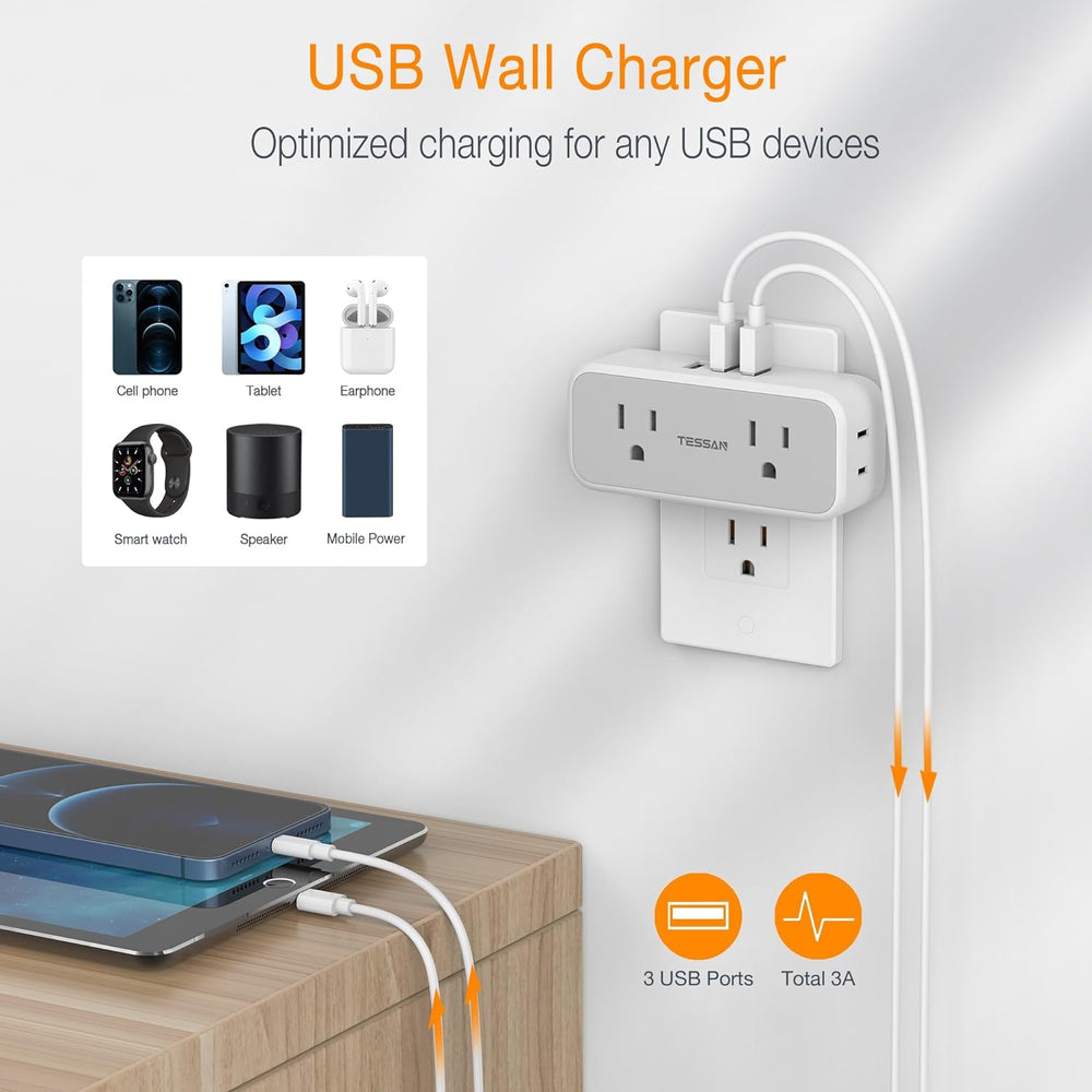 TESSAN Multi Plug Outlet Splitter with 4 Electrical Outlets 3 USB Port