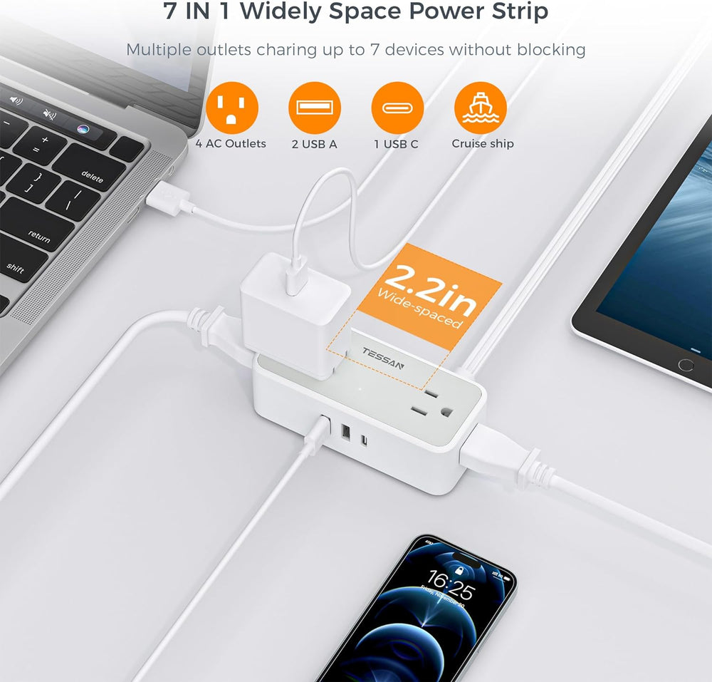 TESSAN 4 Outlets Ultra Thin Flat Plug Power Strip, 3 USB Wall Charger