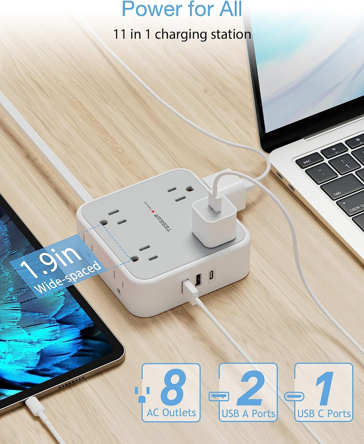 TESSAN Surge Protector Power Strip with 8 AC Outlets, 3 USB(1 USB C)