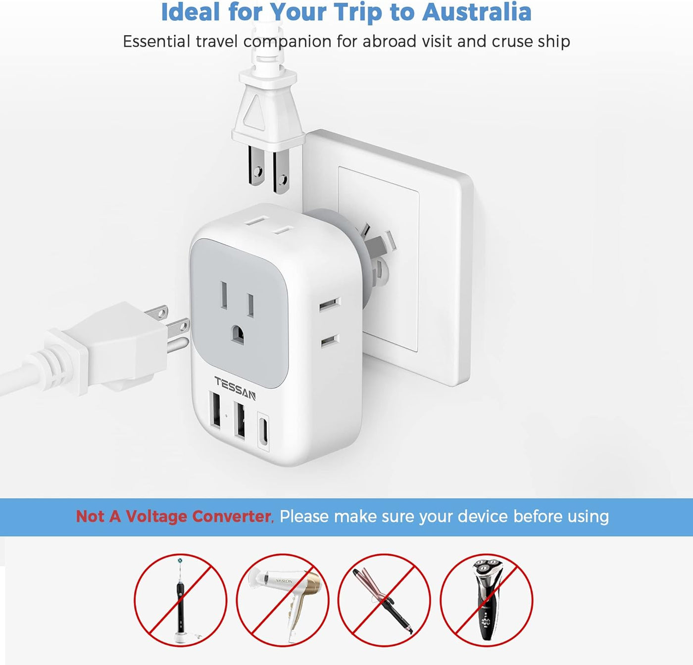 TESSAN Australian Power Adaptor with 4 Outlets 3 USB Charging Ports (1
