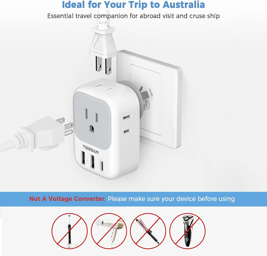 TESSAN Australian Power Adaptor with 4 Outlets 3 USB Charging Ports (1