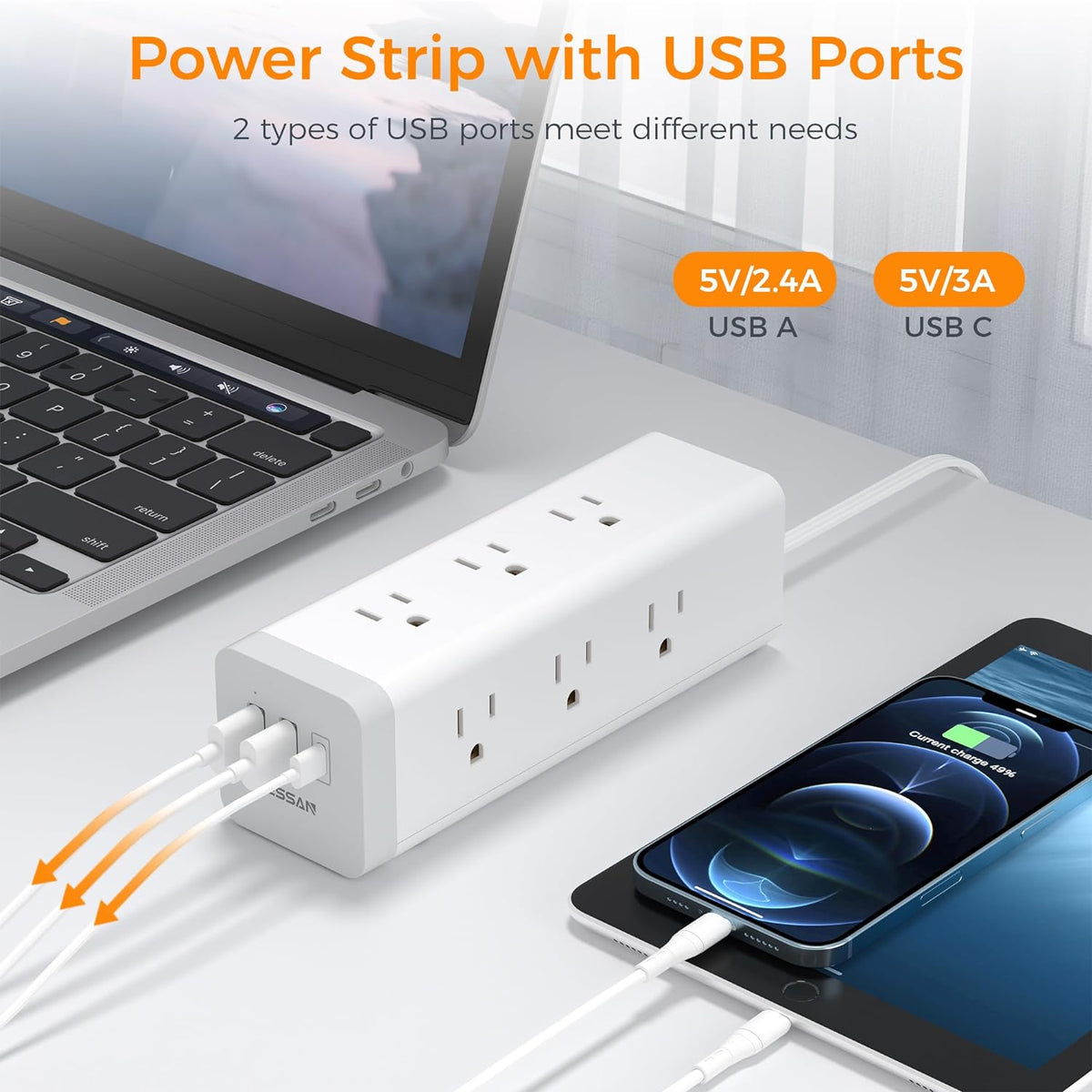 TESSAN Ultra Thin Flat Plug 6 FT Extension Cord with 9 Outlets 3 USB
