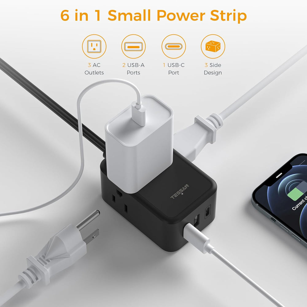 TESSAN Ultra Thin Power Strip with 3 USB Wall Charger (1 USB C), Flat