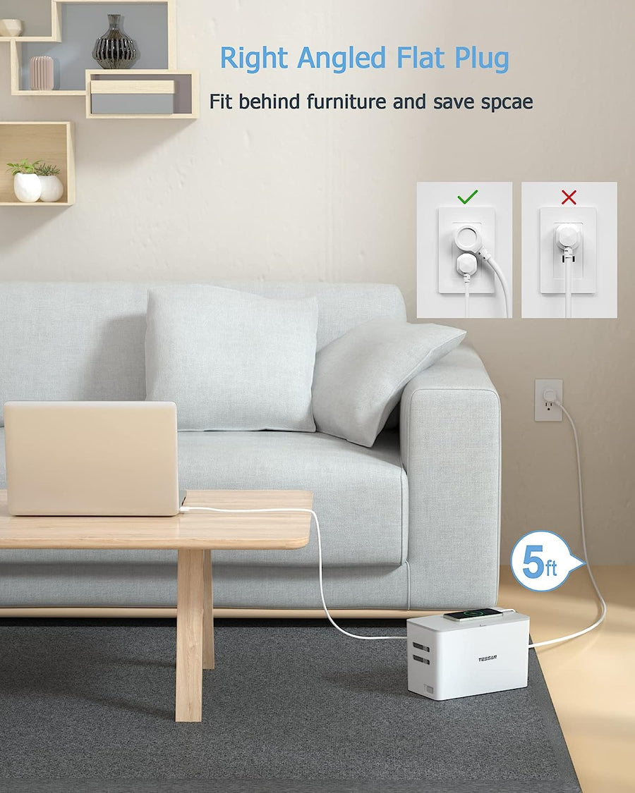 TESSAN 5 ft Flat Plug Extension Cord, 4 Outlets 2 USB Ports with Overl