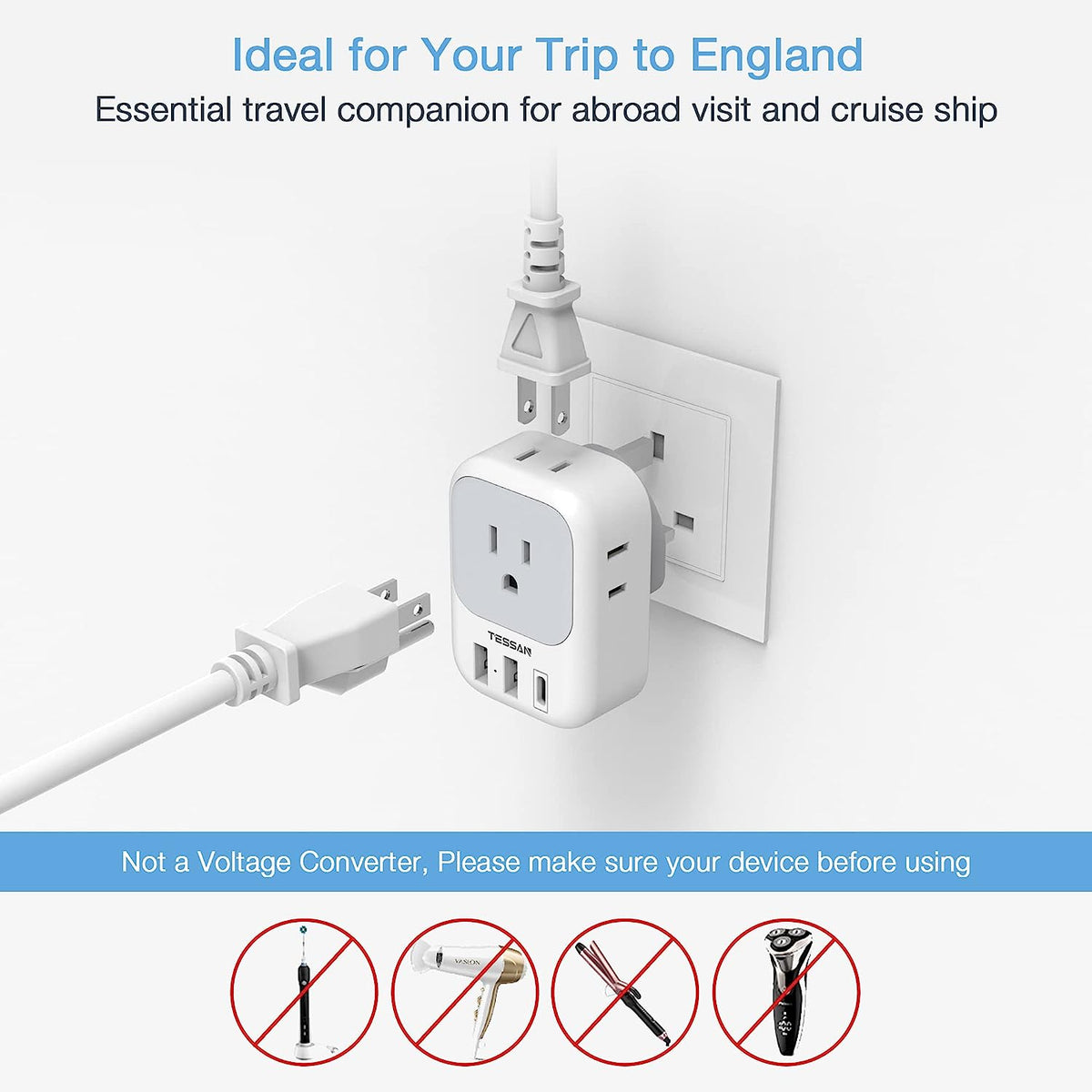 US to UK Plug Adapter 2 Pack, TESSAN Type G Adapter with 4 Outlets 3 U