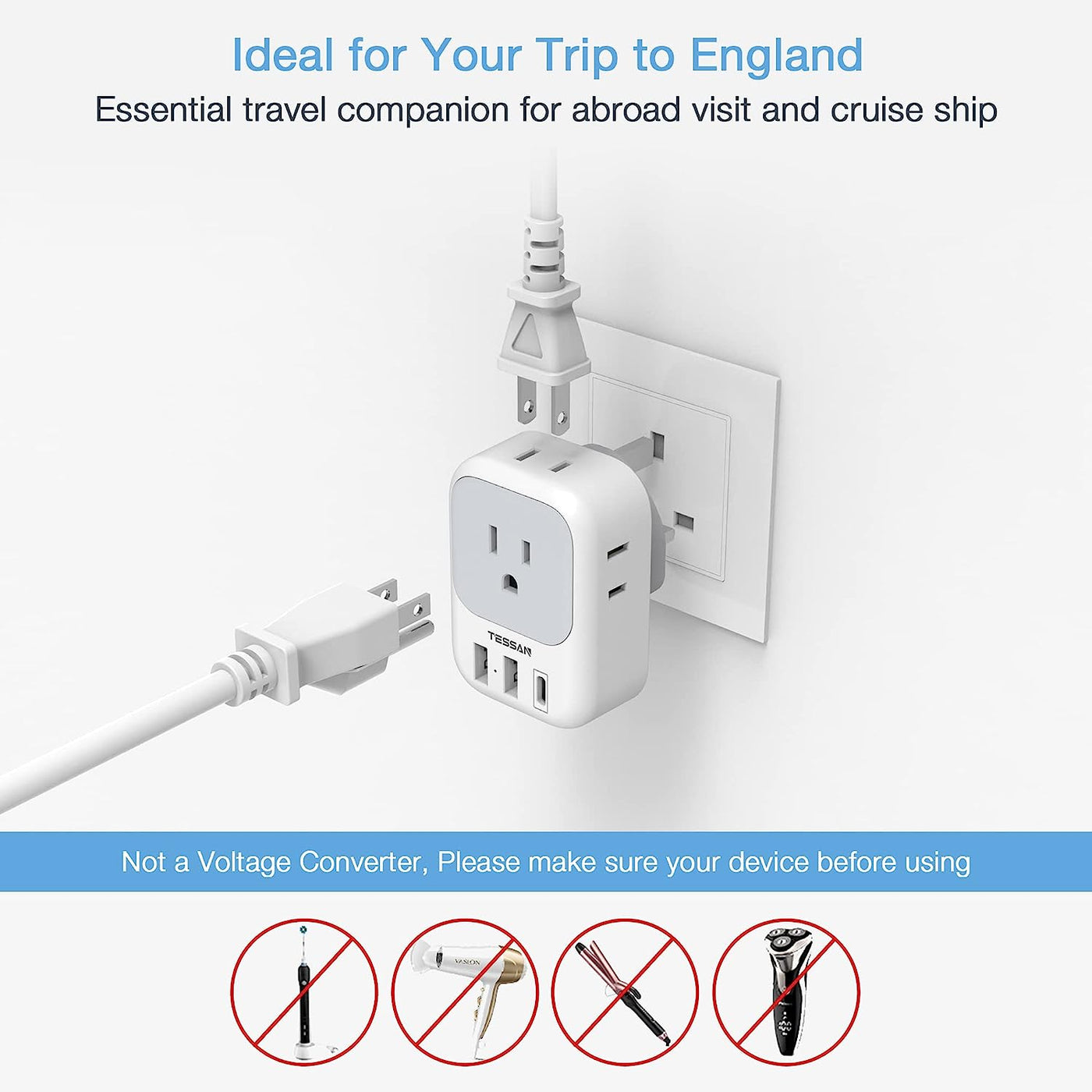 US to UK Plug Adapter 2 Pack, TESSAN Type G Adapter with 4 Outlets 3 U