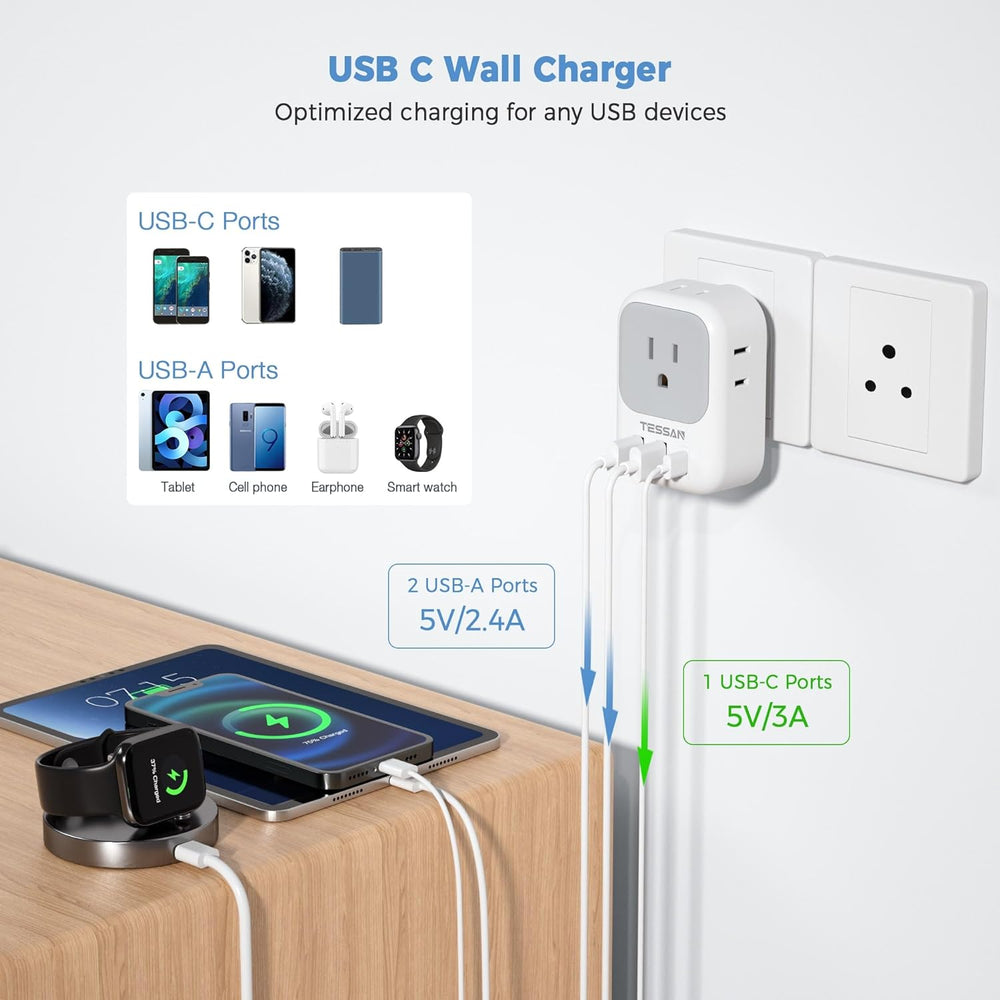 Tessan US to India Plug Adapter Type D with 4 AC & 3 USB