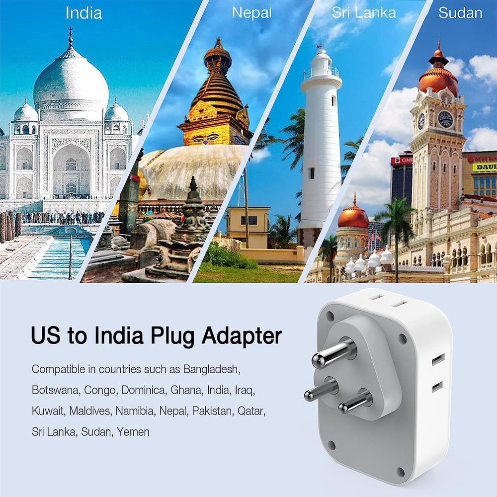 TESSAN US to India Plug Adapter with 4 AC Outlets 3 USB Charging Ports
