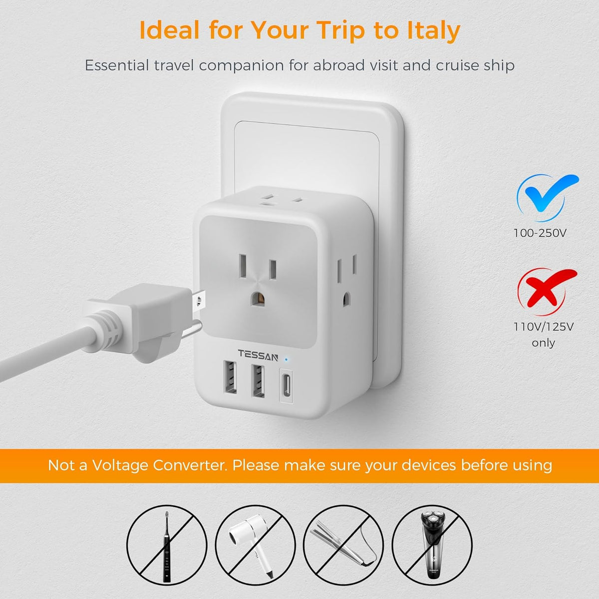 TESSAN Italy Power Adapter with 4 Outlets 3 USB Ports (1 USB C), Italy