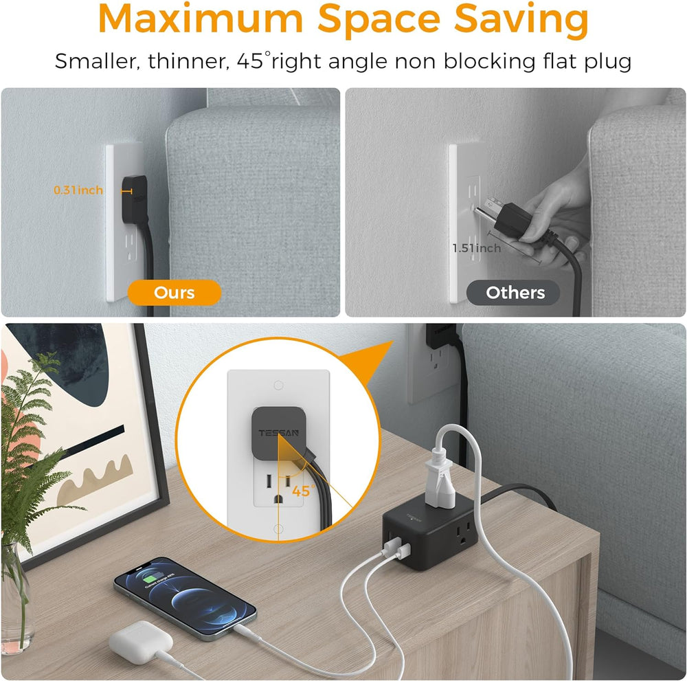 TESSAN Ultra Thin Power Strip with 3 USB Wall Charger (1 USB C), Flat