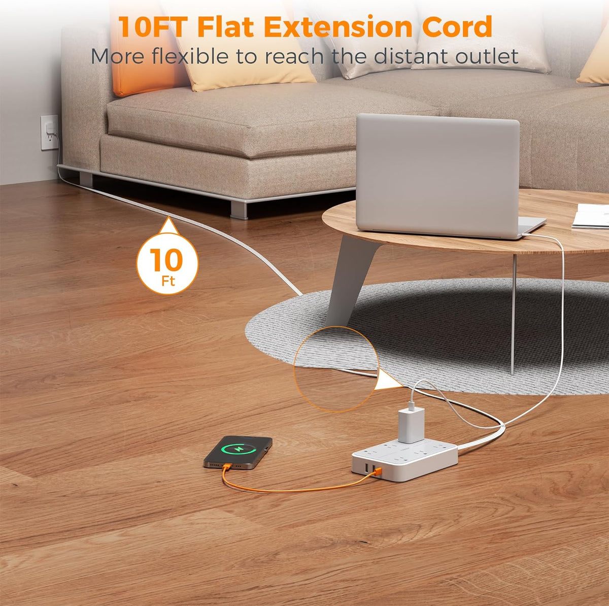 TESSAN Flat Plug Ultra Thin Extension Cord with 6 Wide-Spaced Outlets