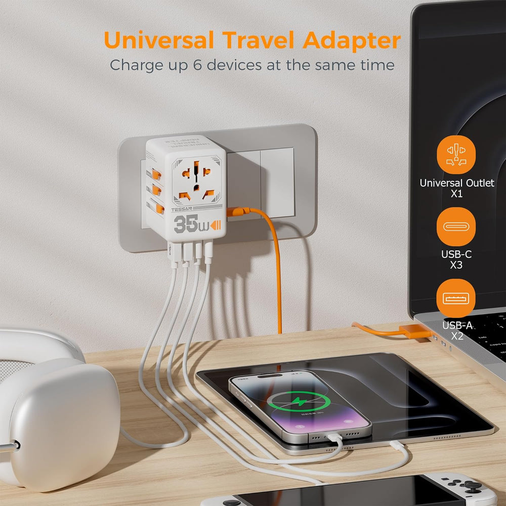 TESSAN 35W Universal Travel Adapter with 3 USB C and 2 USB A