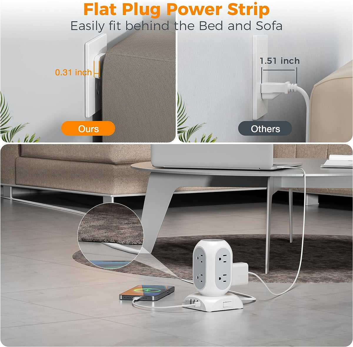 TESSAN Flat Plug Extension Cord 10 Ft with 8 AC Multiple Outlets 4 USB