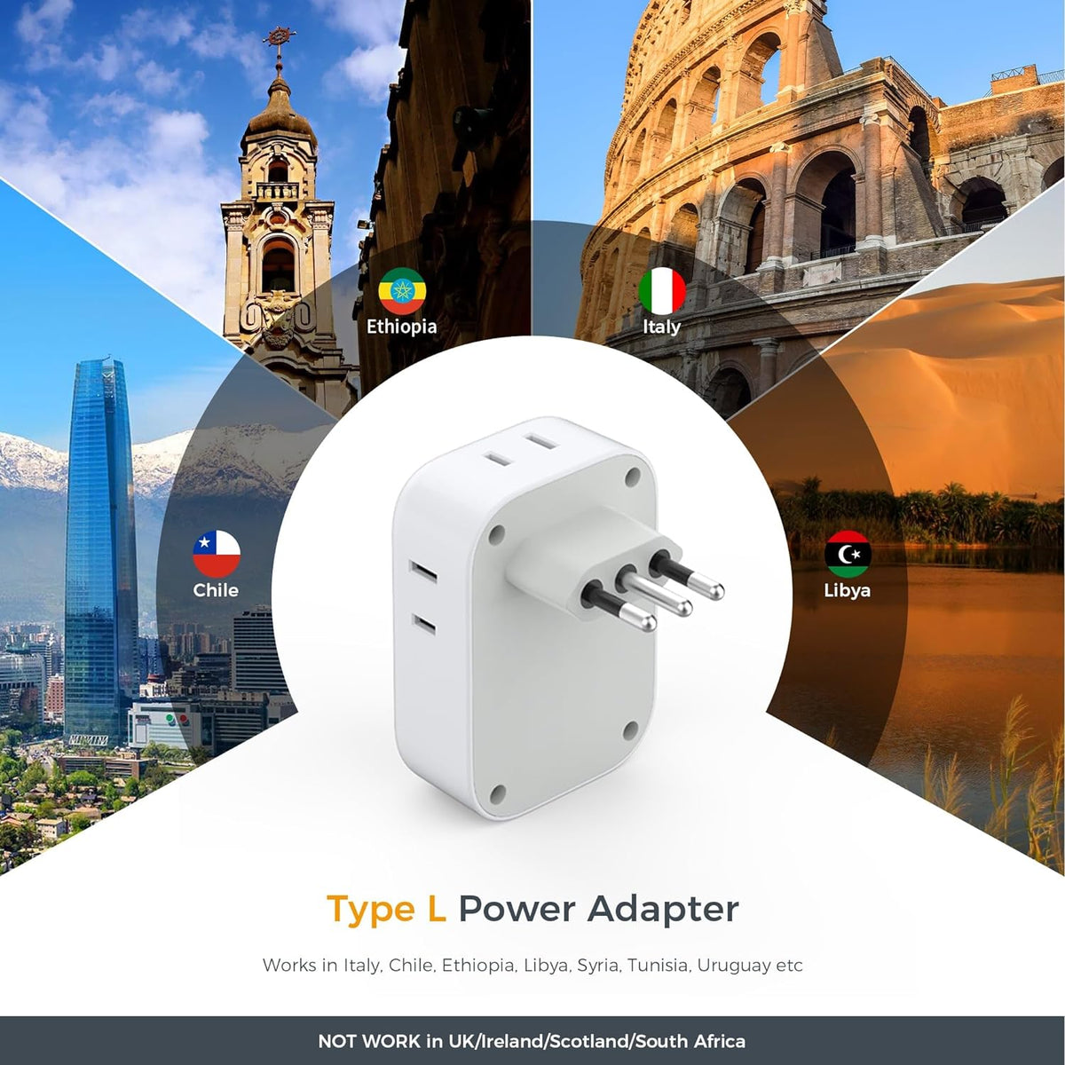 TESSAN Italy Power Adapter with 4 Outlets 3 USB Charger (1 USB C Port)