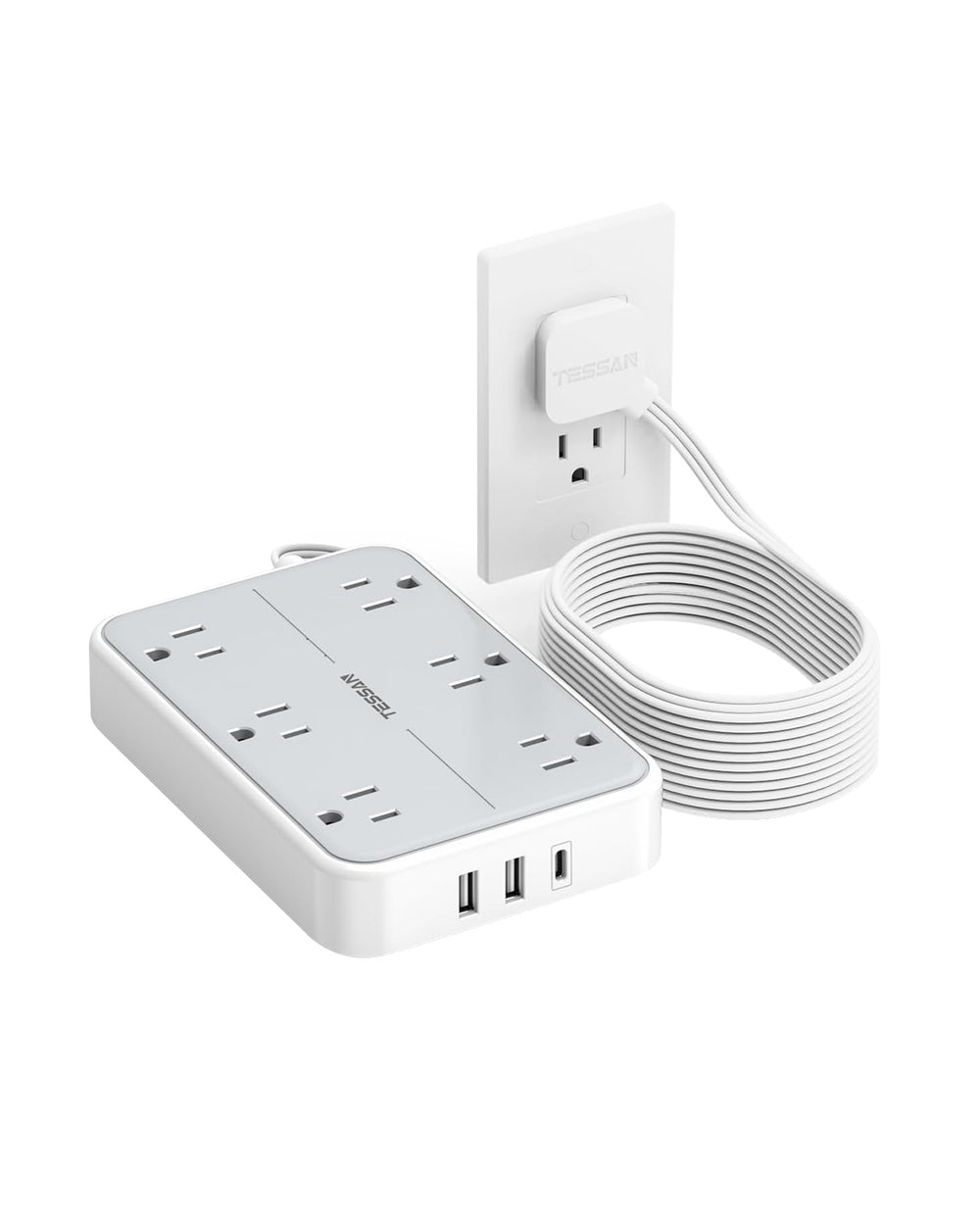 TESSAN Flat Plug Ultra Thin Extension Cord with 6 Wide-Spaced Outlets