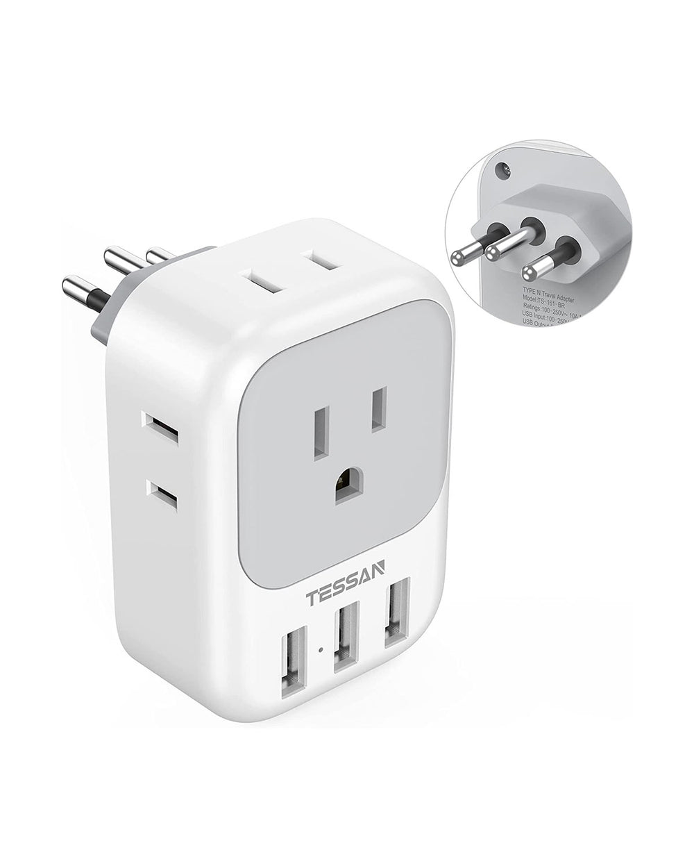 TESSAN Brazil Power Plug Adapter with 4 American Outlets and 3 USB Cha