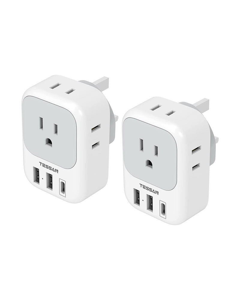 TESSAN US to UK Plug Adapter 2 Pack, Type G with 4 Outlets 3 USB (1 US