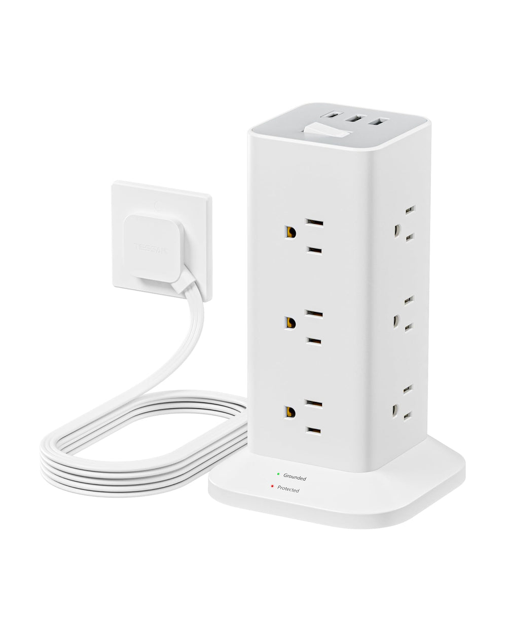 TESSAN Flat Plug Tower Strip With USB Ports (12 AC + 2 USB A + 1 USB C